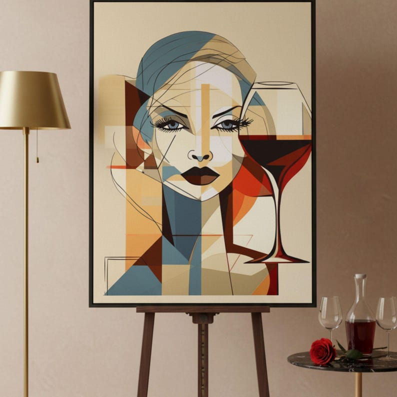 Abstract Woman Wall Art | Cubist Face, Wine Glass Print (digital ...