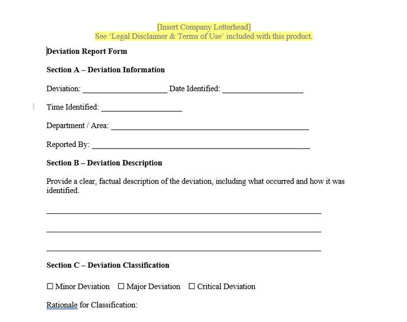 Deviation Management SOP Template + Deviation Report Form & Log ...