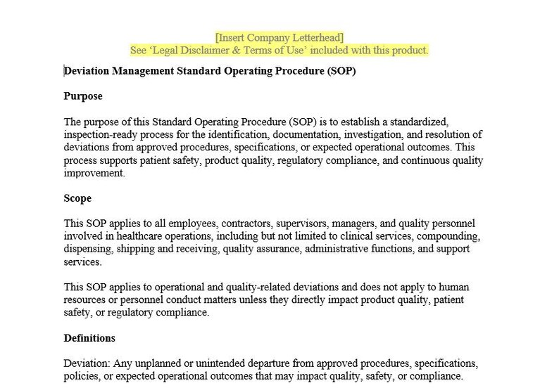 Deviation Management SOP Template + Deviation Report Form & Log ...