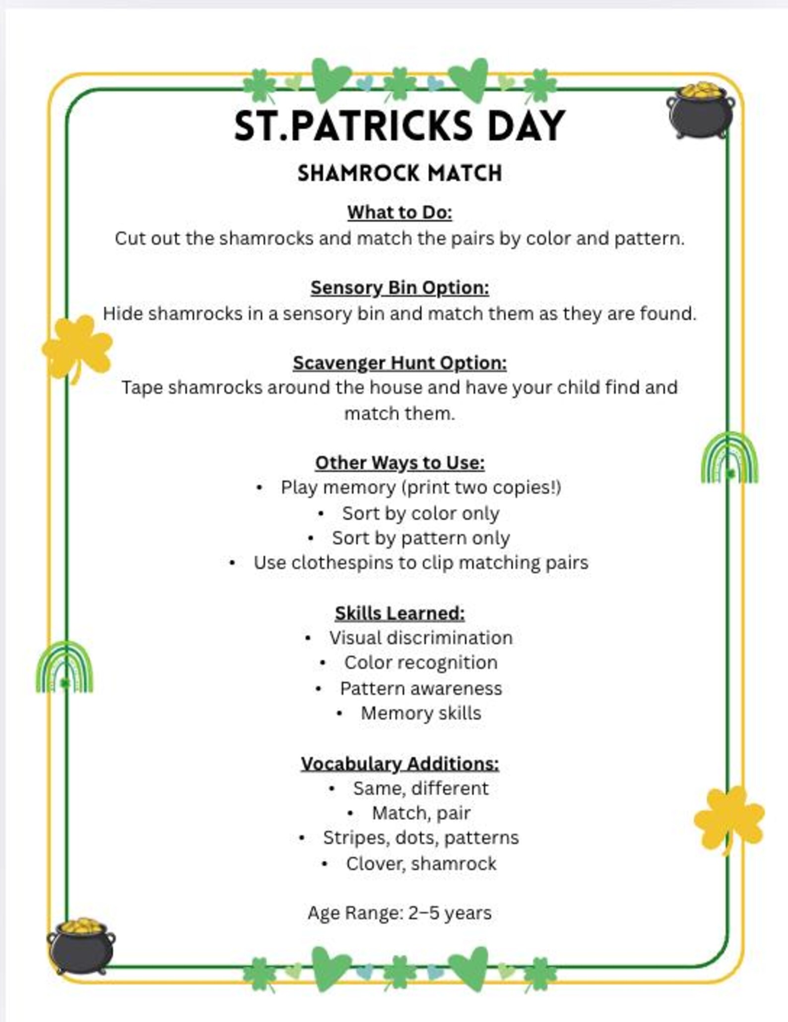 Shamrock Matching Game: Pattern and Color Recognition Activity - Etsy