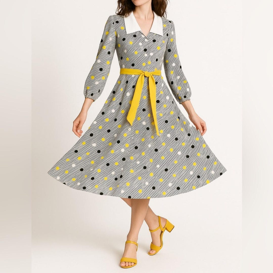 VINTAGE JENNIFER GEE Shirt Dress | M/L | Yellow Black Dot Stripe | 70s ...