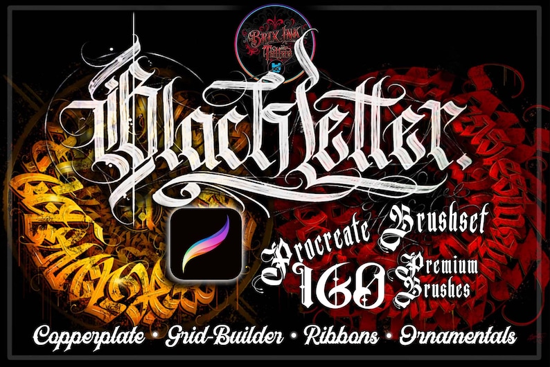 160+ Blackletter Procreate Brushes, Gothic Calligraphy Lettering Set ...