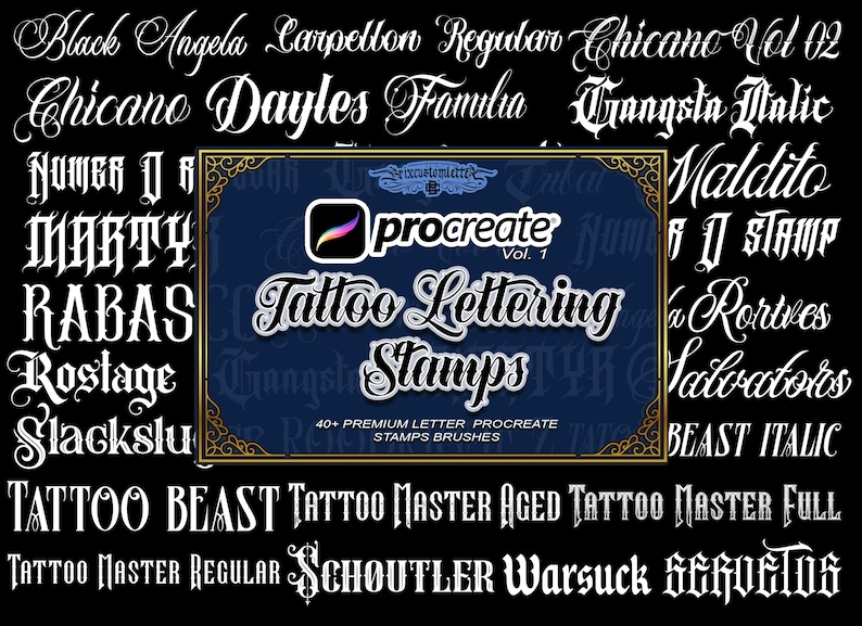 40+ Tattoo Lettering Procreate Stamp Brushes, Chicano Gothic Font ...