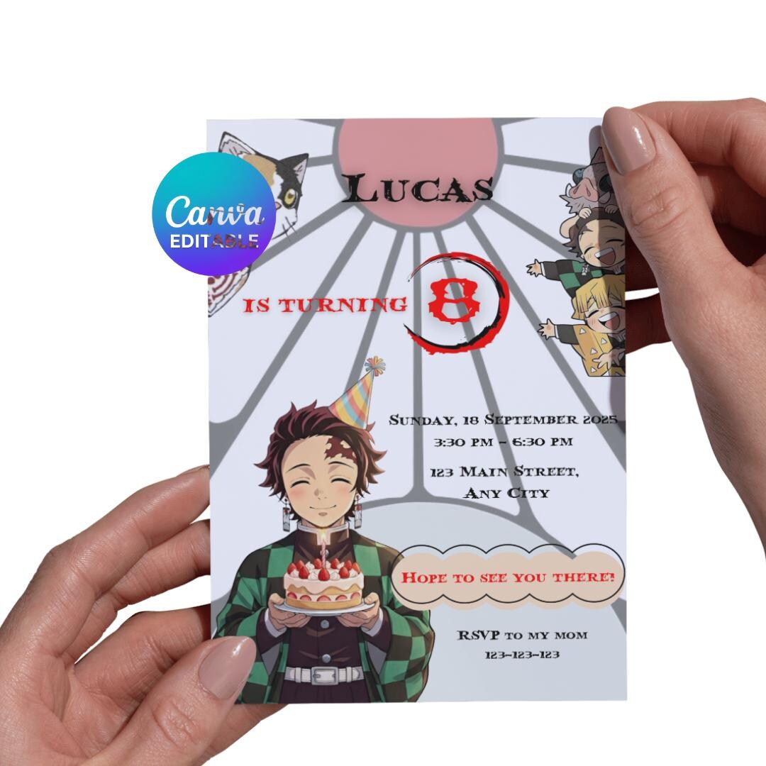 Tanjiro Kamado Demon Slayer Birthday Invitation | Editable Canva ...