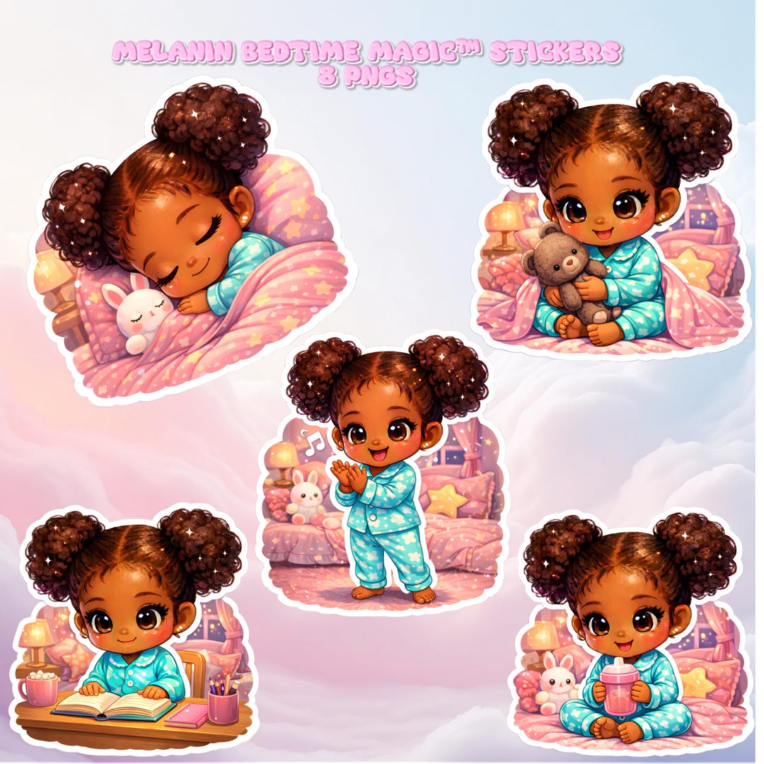 Melanin Bedtime Chibi Stickers | Afro-glam Baby Girl (digital Download ...