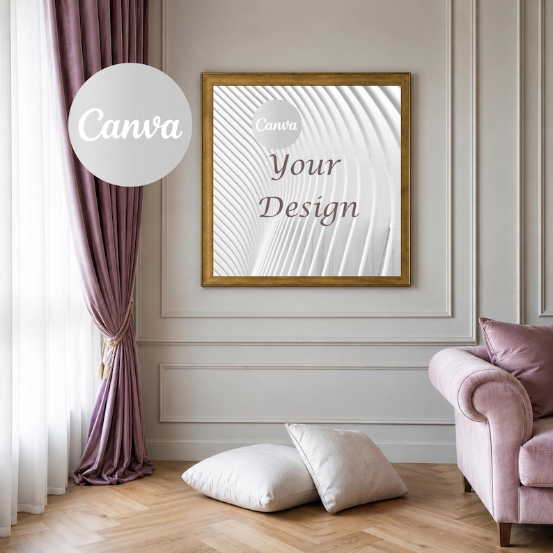 Square Frame Mockup, Luxury Pink Interior, Gold Frame Wall Art (canva ...