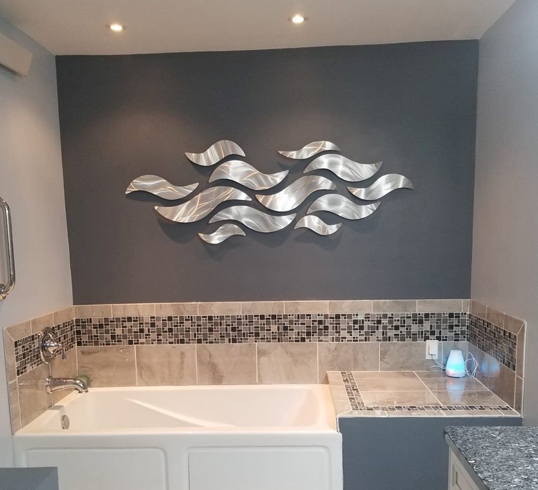 Large Silver Surf Wave Metal Sculpture: Modern Aluminum Wall Art Panels ...