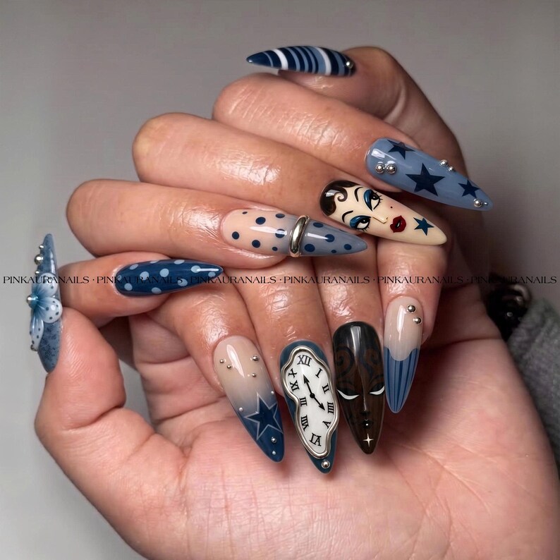 Navy Blue Gothic Press on Nails, Surreal Clock, 3D Flower, Long Almond ...