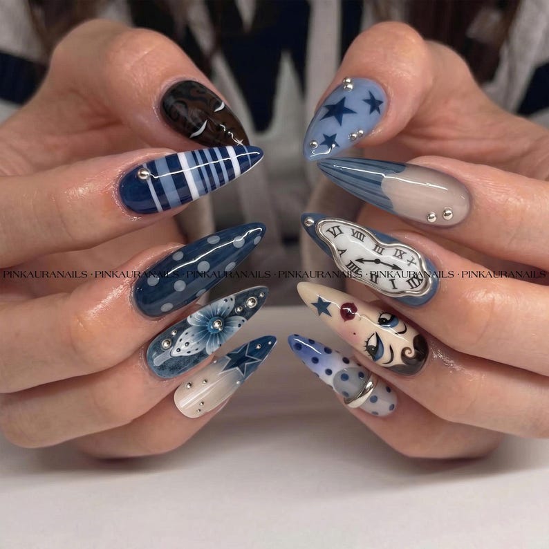Navy Blue Gothic Press on Nails, Surreal Clock, 3D Flower, Long Almond ...