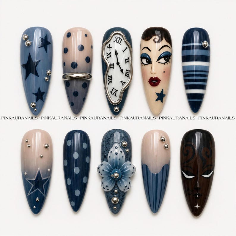 Navy Blue Gothic Press on Nails, Surreal Clock, 3D Flower, Long Almond ...