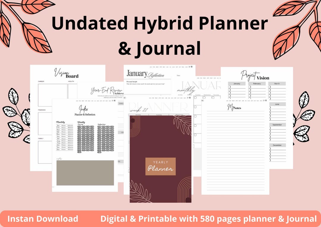 Undated Hybrid Digital Printable Planner Journal, Year Monthly Weekly ...