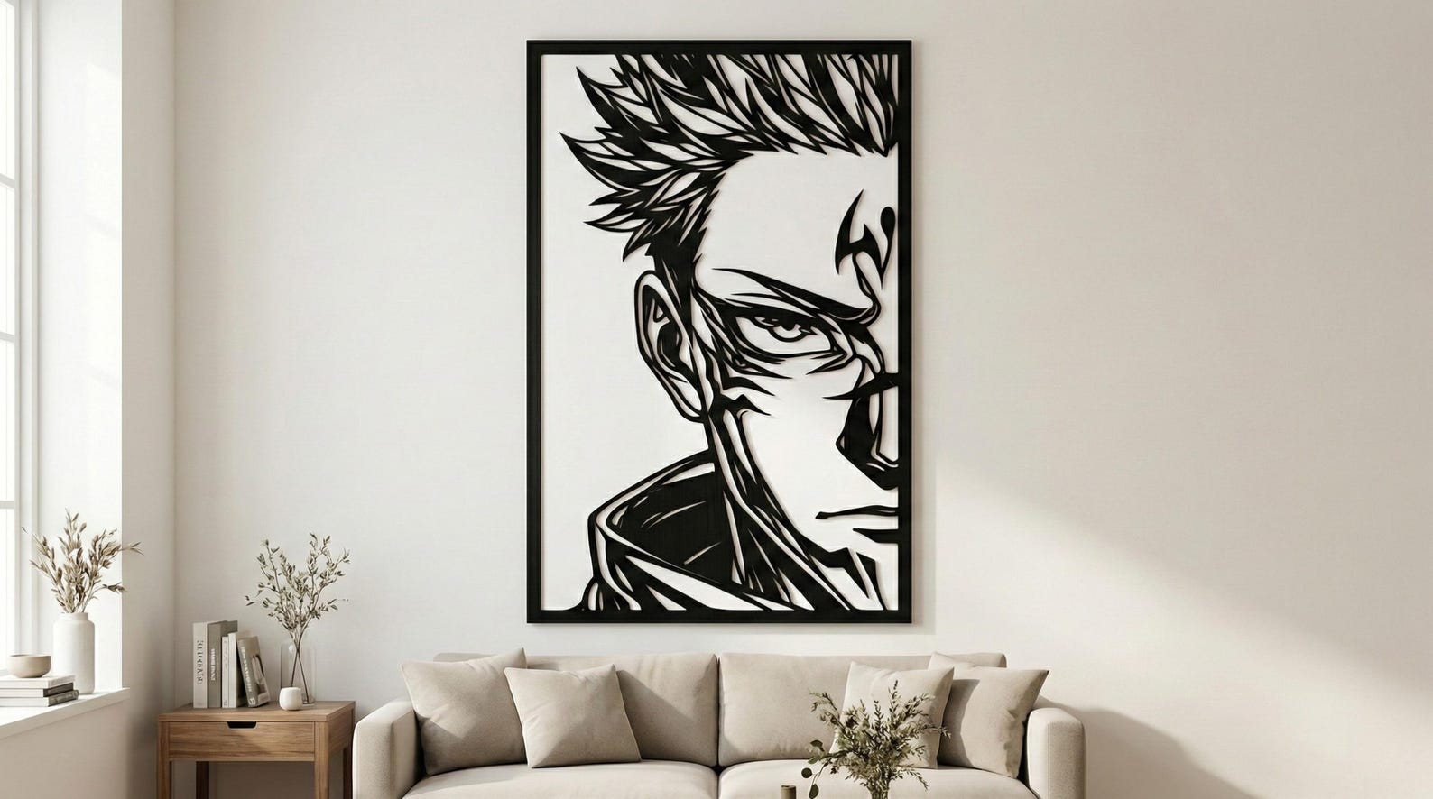 Laser Cut Anime Wall Art Decor – Sukuna | Flow-line Art Black Frame ...