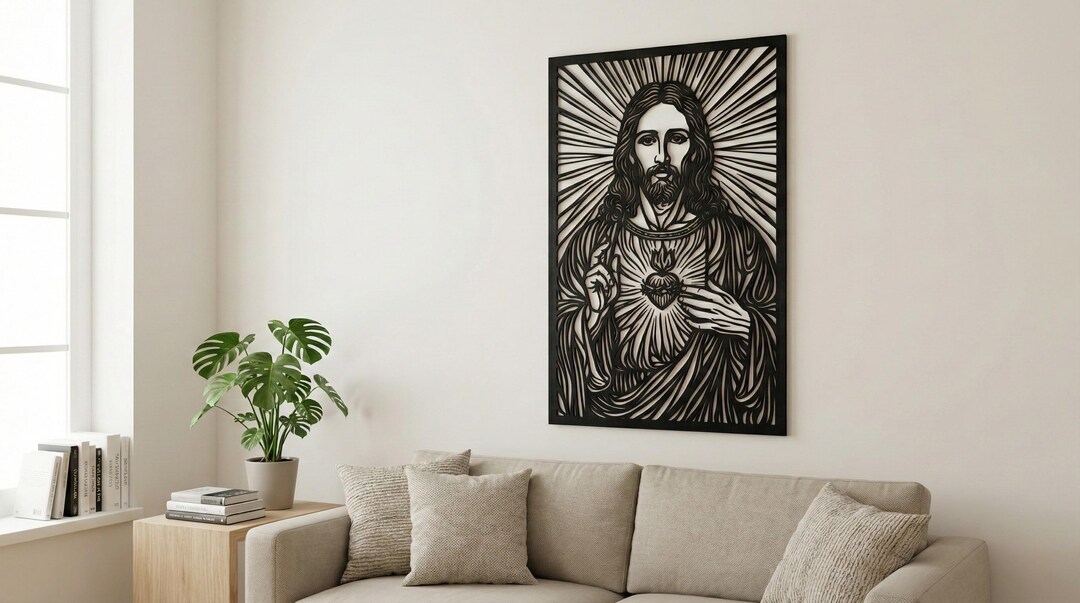 Laser Cut Religious Wall Art Decor Sacred Heart of Jesus Black Frame ...