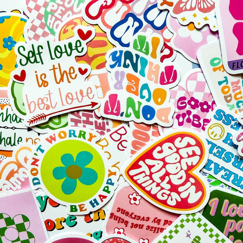 Pack of 50 Retro Positive Quote Stickers, Groovy Sunshine Stickers ...