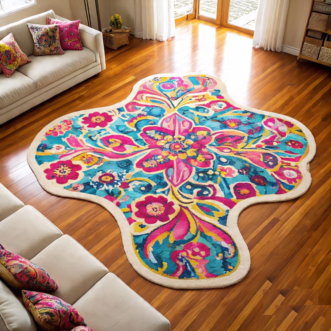 Irregular Shape Vibrant Floral Mandala Area Rug - Pink Turquoise Tufted ...