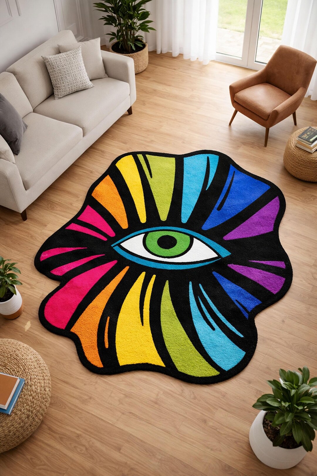Hand Tufted Evil Eye Rainbow Shaped Rug Colorful Modern Statement Area ...