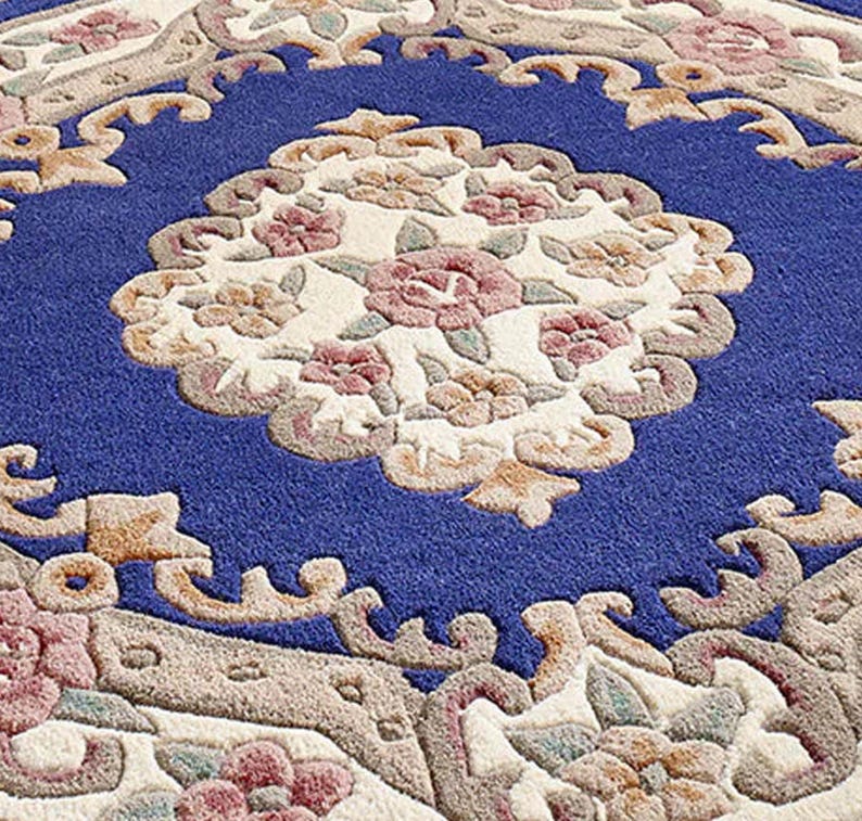 Hand Tufted Round Blue Floral Rug Luxury Living Room Decor Boho Carpet ...