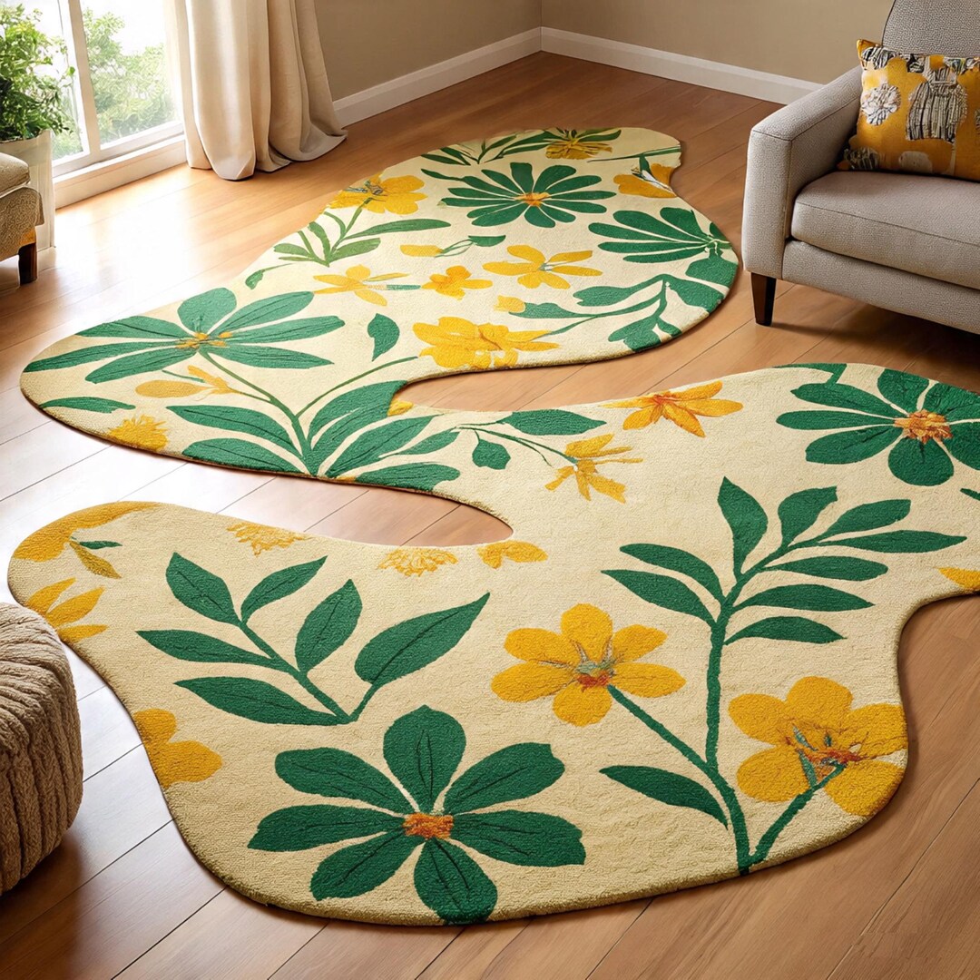Botanical Floral Shaped Area Rug Green Yellow Modern Organic Living ...