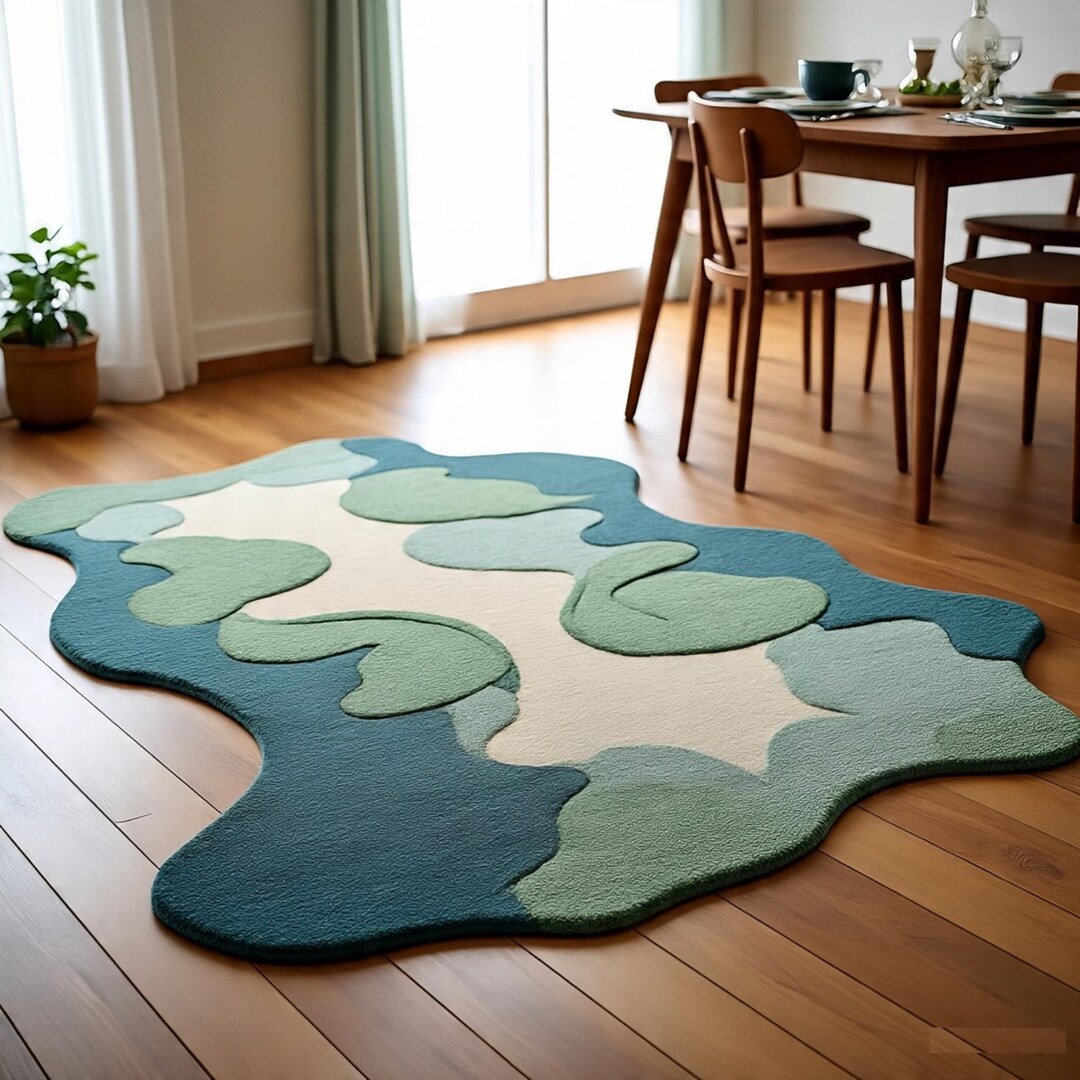 Irregular Shape Blue Green Lily Pad Abstract Area Rug - Tufted Modern ...