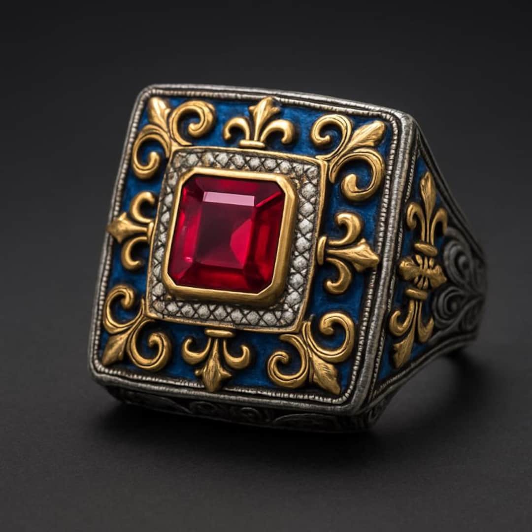 Royal Ruby Red Signet Ring, 925 Sterling Silver Gold Plated Medieval ...