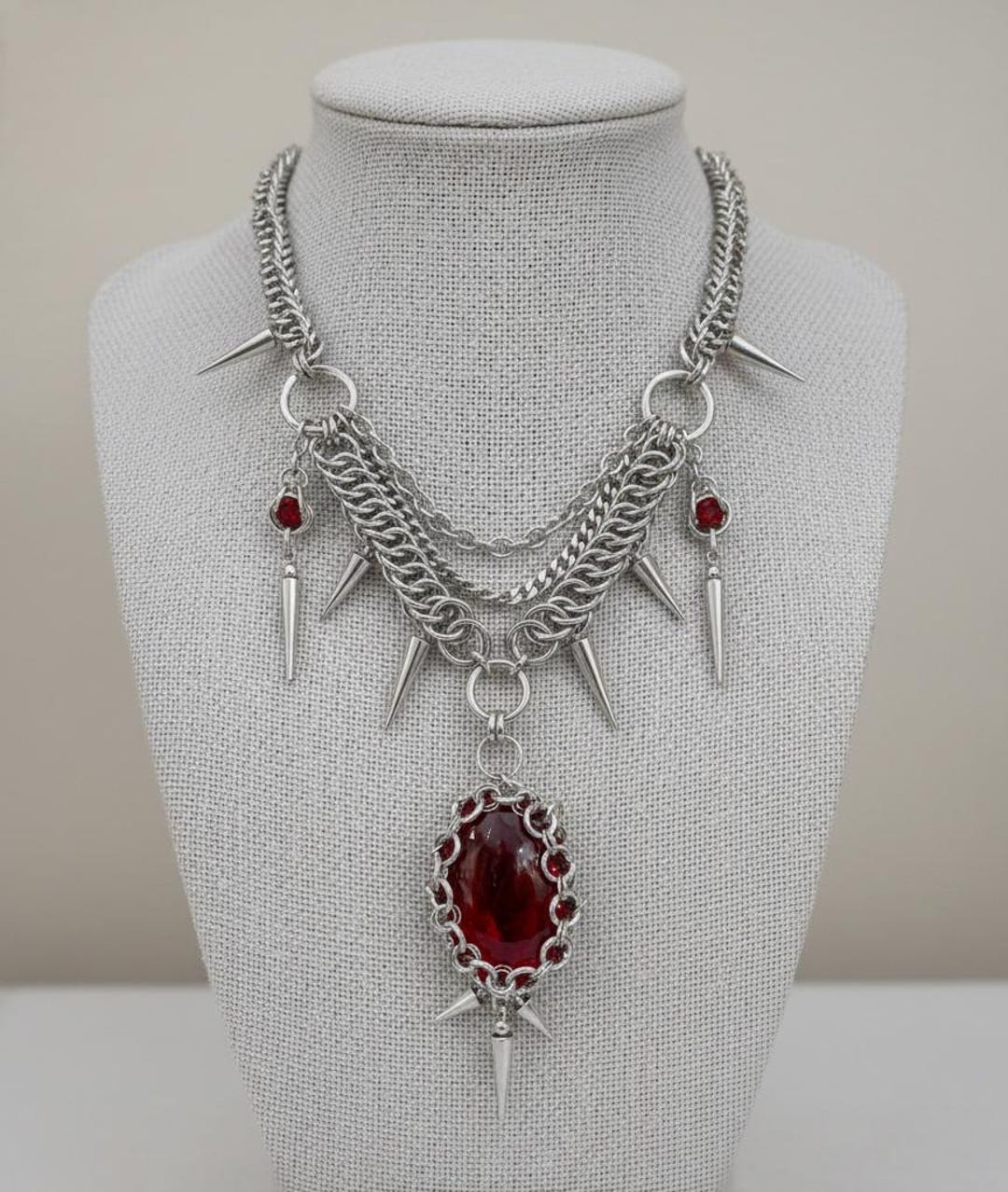 Gothic Chainmail Spike Necklace With Blood Red Stone - Etsy