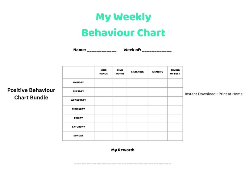 Weekly Behaviour Chart Printable for Kids | Gentle Parenting Behaviour ...