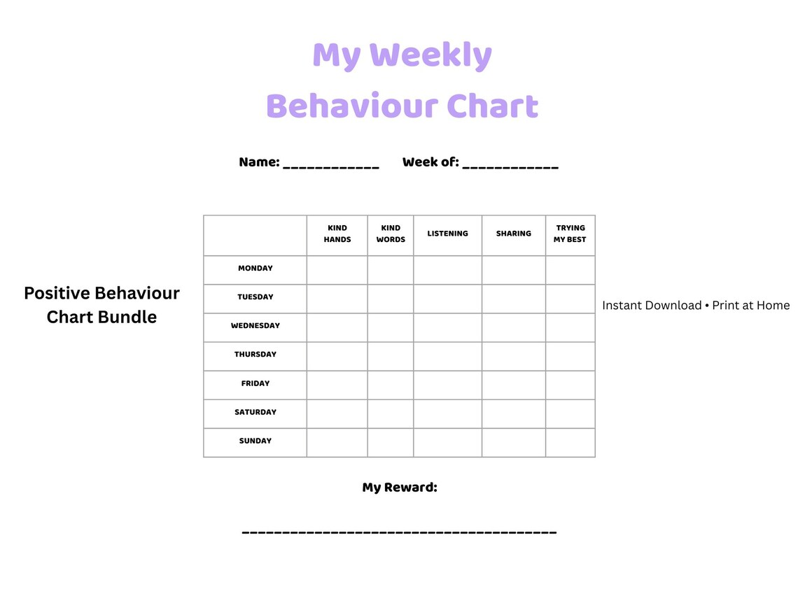 Weekly Behaviour Chart Printable for Kids | Gentle Parenting Behaviour ...