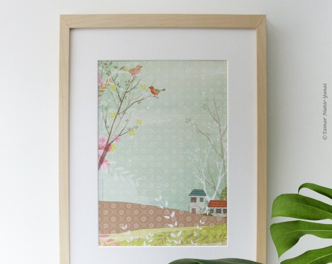 Print Original Art, Room Decor Houses and Birds - Etsy