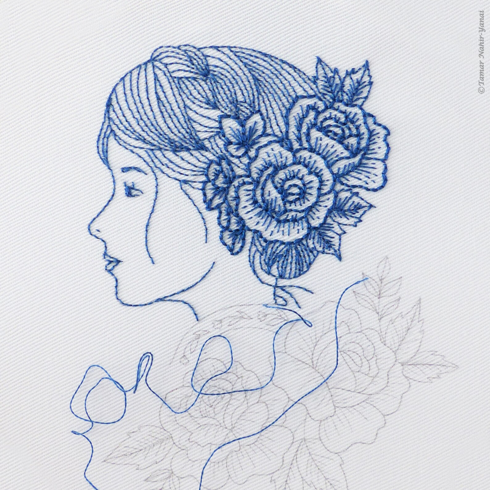 Blue Rose Lady Blue Wall Art Hand Embroidery Blue White - Etsy