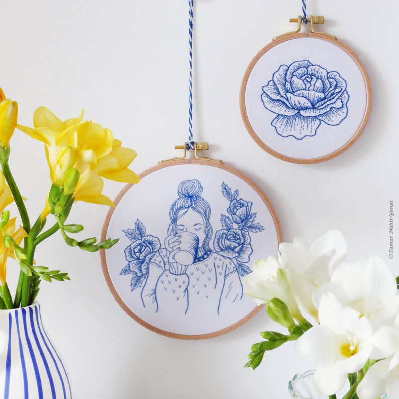 Blue Floral Lady Blue Wall Art Hand Embroidery Blue White - Etsy