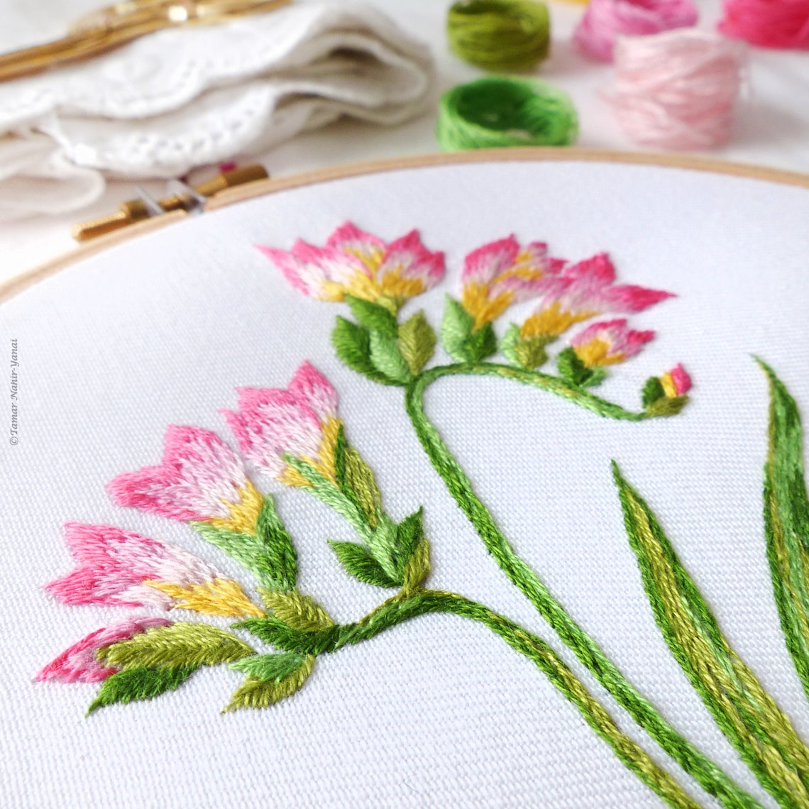 Pink Freesia - Diy Kit, Embroidery Kit, Leaves Embroidery, Botanical ...