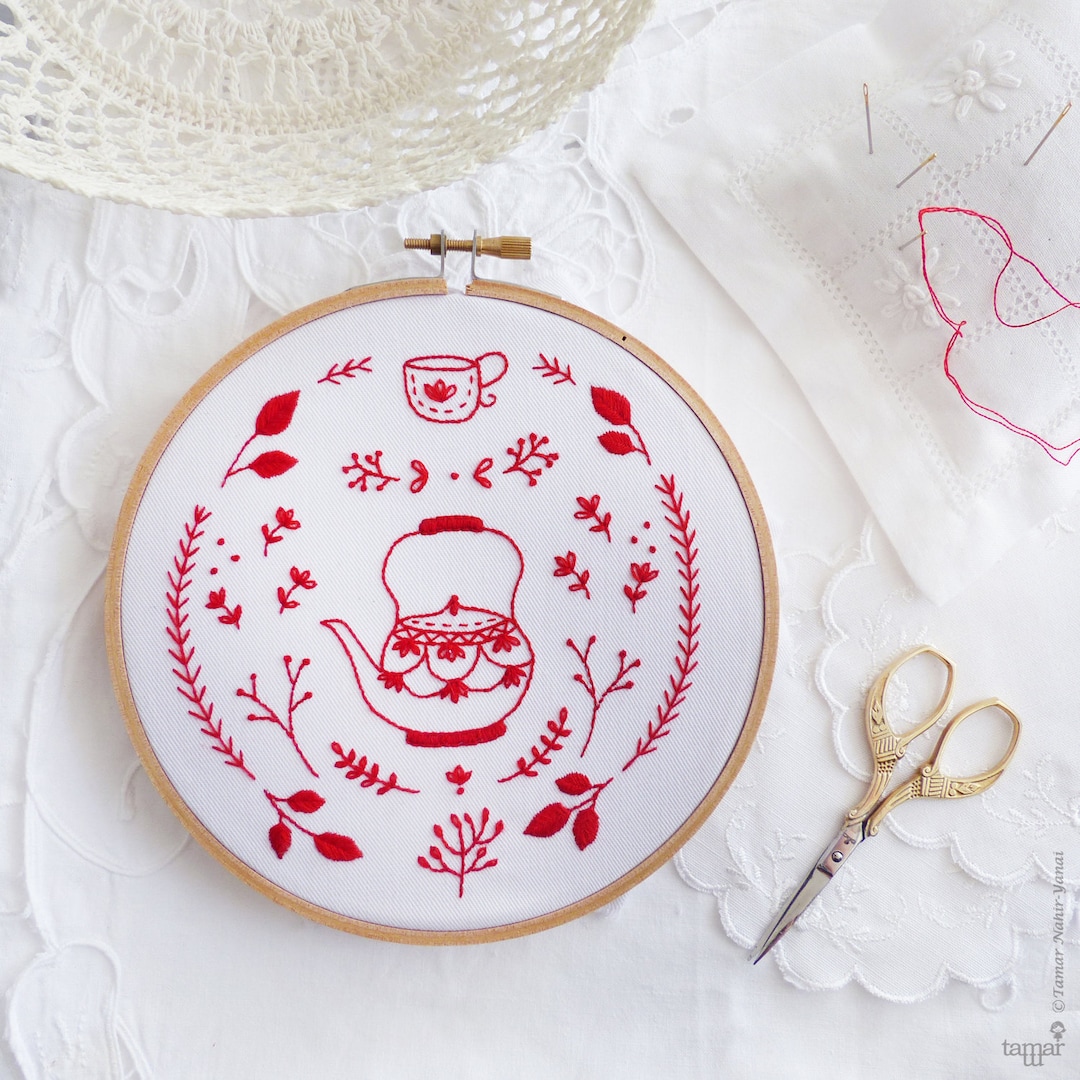 Antique Red Kettle - Redwork Embroidery, Embroidery Hoop Art ...