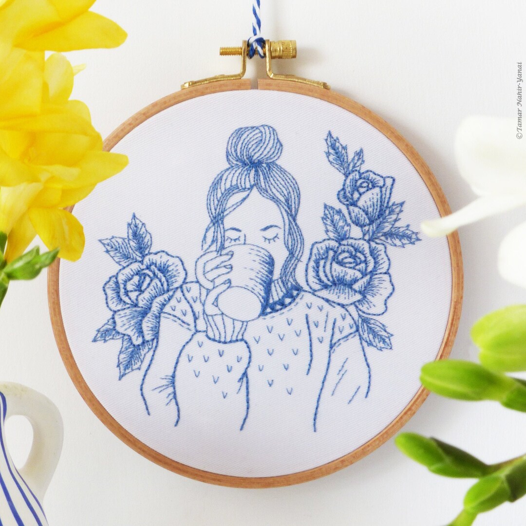 Blue Floral Lady Blue Wall Art, Hand Embroidery, Blue White, Embroidery ...