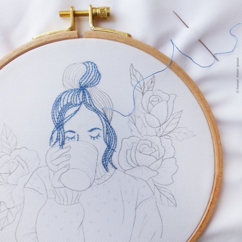 Blue Floral Lady Blue Wall Art Hand Embroidery Blue White - Etsy