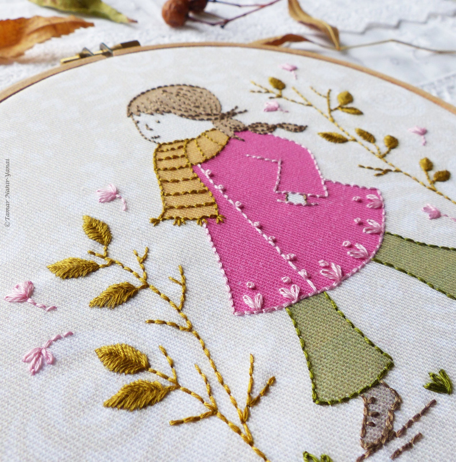Girl in a Pink Coat - Hand Embroidery, Autumn Leaves, Embroidery Kit ...