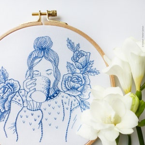 Blue Floral Lady - Blue Wall Art, Hand Embroidery, Blue White ...
