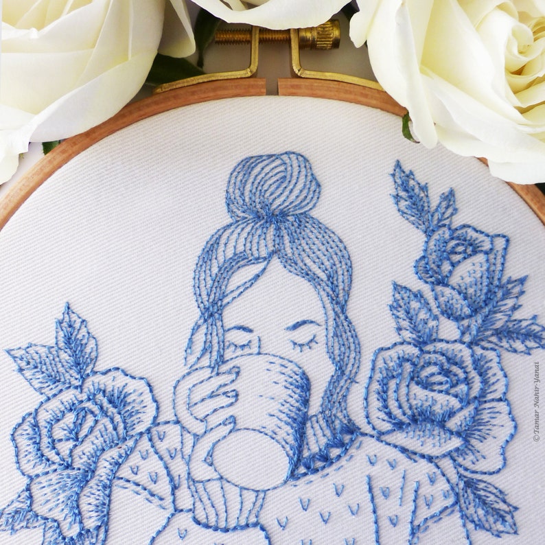 Blue Floral Lady Blue Wall Art Hand Embroidery Blue White - Etsy