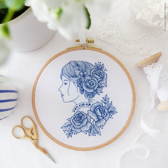 Blue Rose Lady Blue Wall Art Hand Embroidery Blue White - Etsy