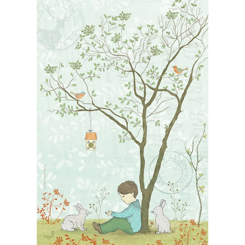 Print Original Art, Room Decor - Tree and Rabbit - Etsy