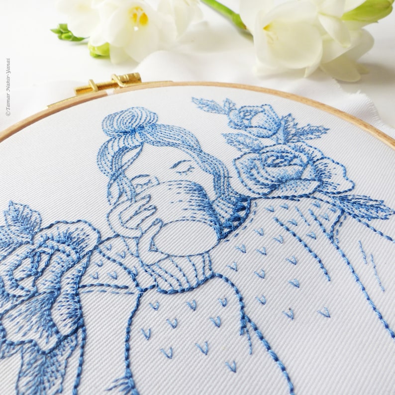 Blue Floral Lady Blue Wall Art Hand Embroidery Blue White - Etsy