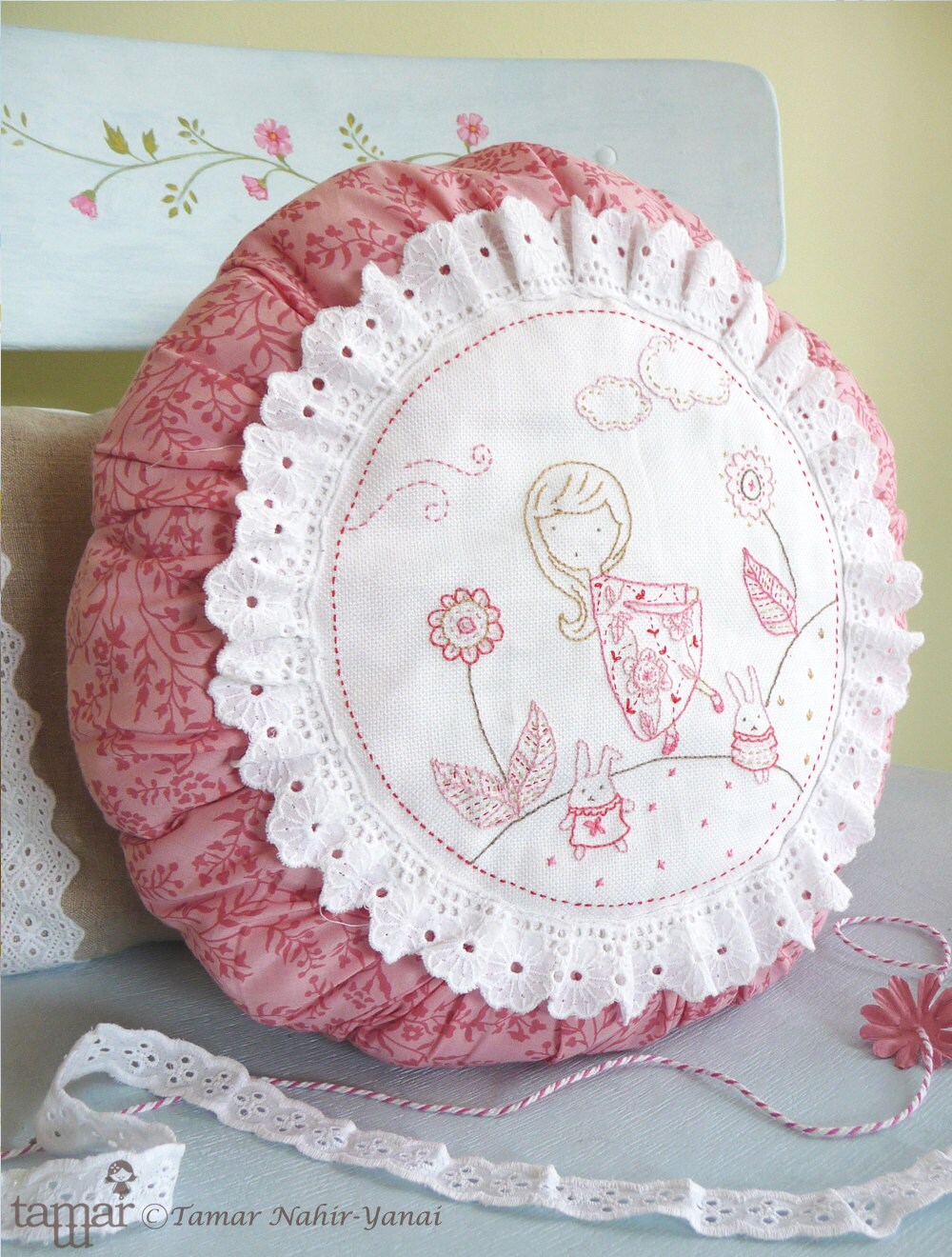 Girl and 2 Bunnies Hand Embroidery Bunny Mothers Day Gift - Etsy