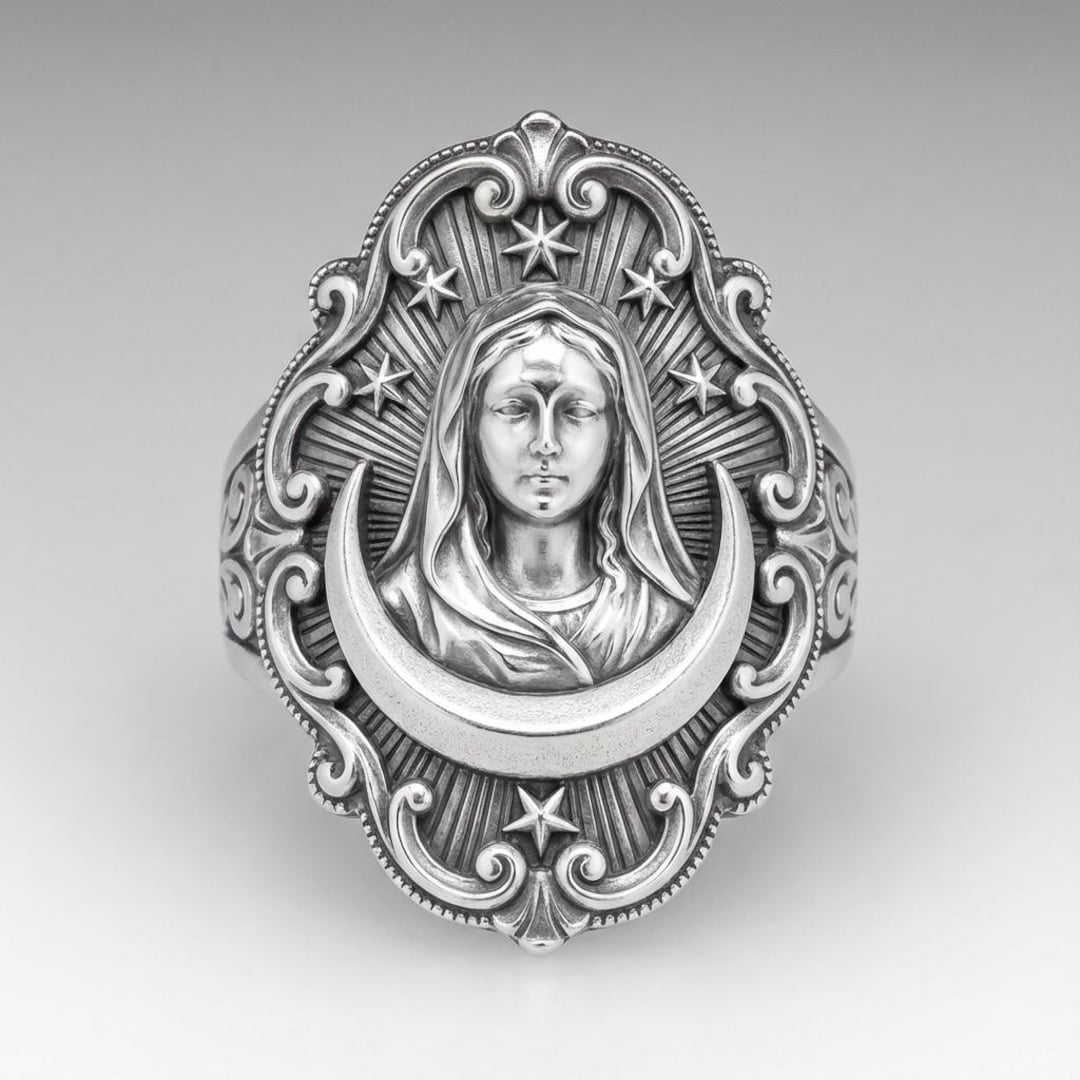 Baroque Virgin Mary Sterling Silver Ring, Celestial Madonna Statement ...