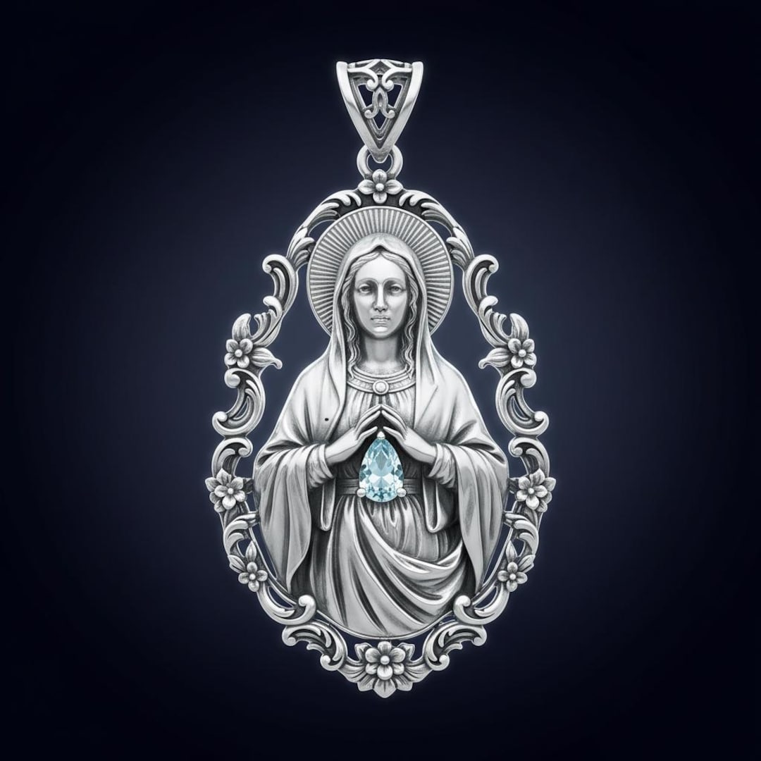 Baroque Virgin Mary Pendant 925 Sterling Silver With Aqua Teardrop ...