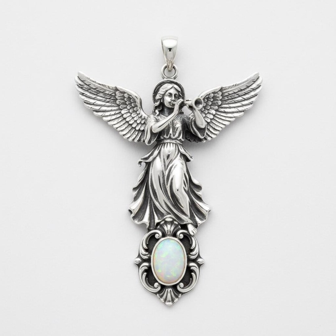 Sterling Silver Guardian Angel Opal Pendant, Baroque Trumpet Angel ...