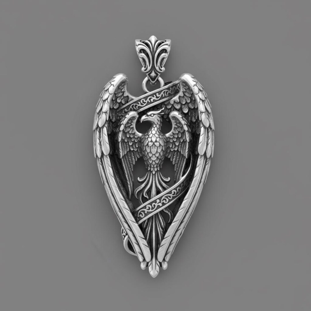Sterling Silver Phoenix Angel Wings Pendant, Renaissance Gothic Charm ...