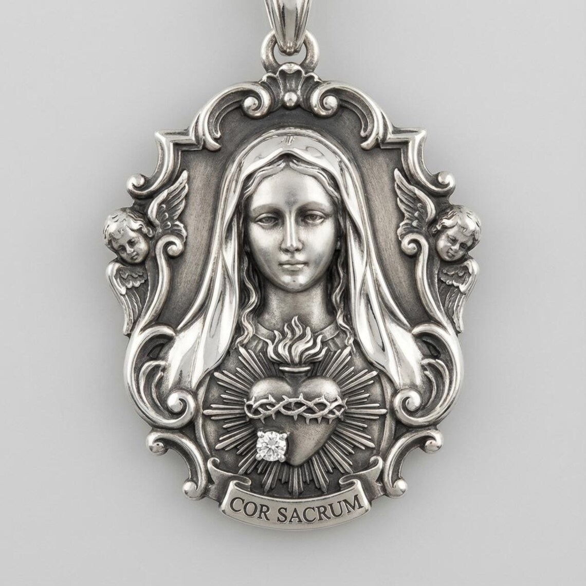 Baroque Virgin Mary Sacred Heart Pendant 925 Sterling Silver Catholic ...