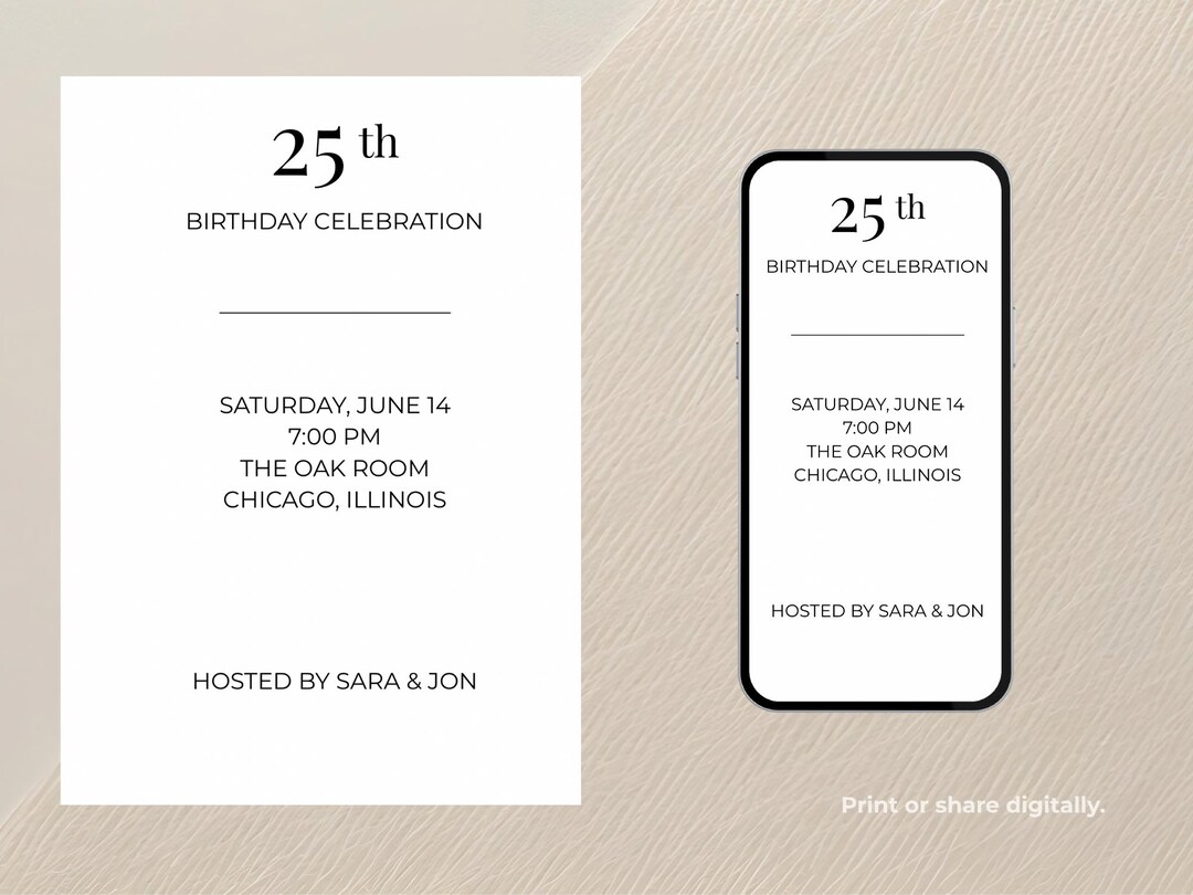 Editable 25th Birthday Invitation Template | Elegant Minimal Birthday ...