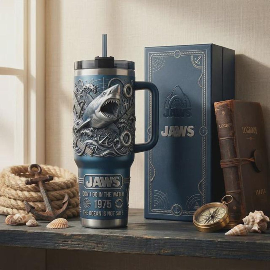 Jaws Shark Tumbler With Handle, 40oz Stainless Steel Movie Cup, Classic ...