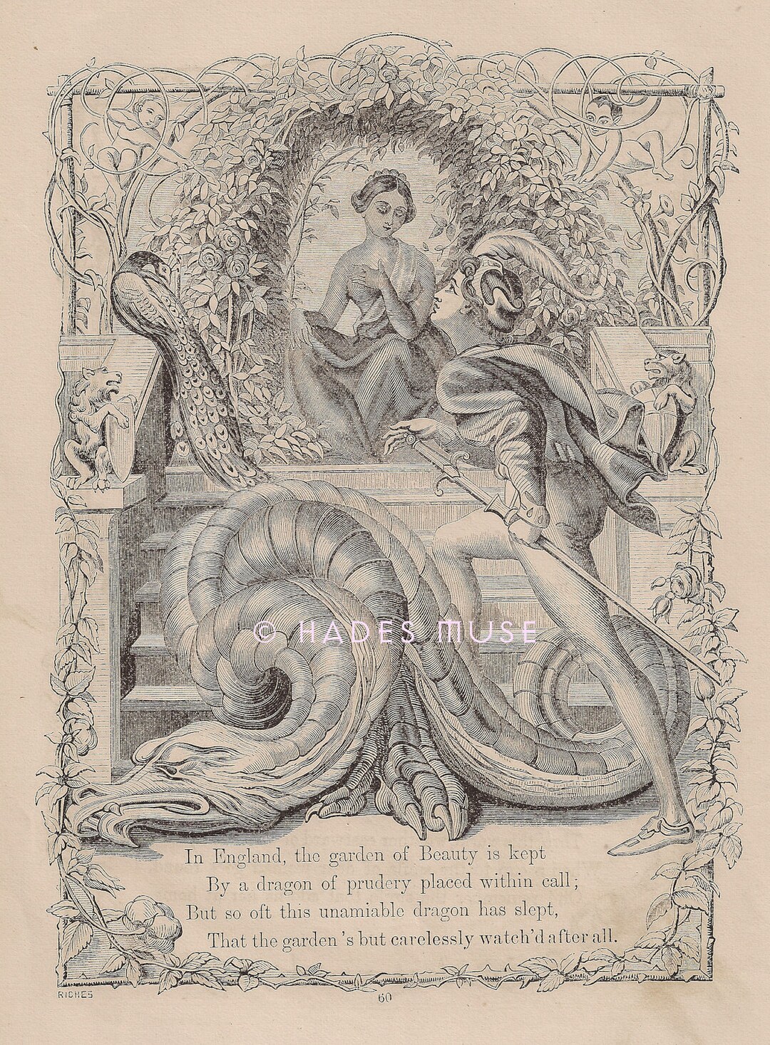 1872 Garden of Beauty Kept by Dragon-antique Vintage Art Print-poem ...