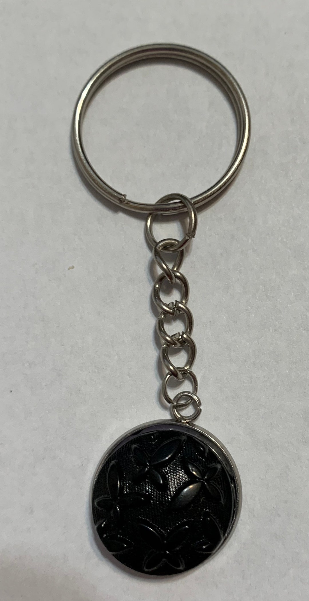 Czech Art Deco Keychain Black Glass Mourning Charm 18mm Silver Toned ...